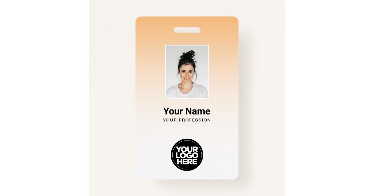 Orange Employee Photo Bar Code Logo Name Gradient Badge | Zazzle