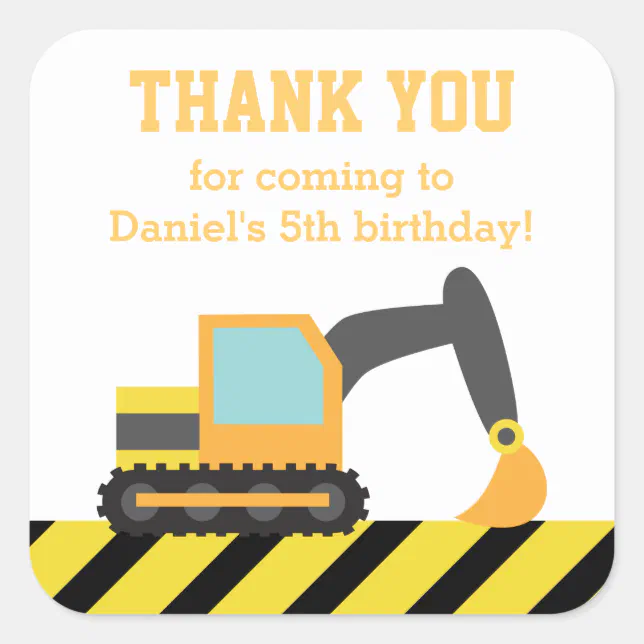 Orange Excavator Construction Kids Party Birthday Square Sticker | Zazzle