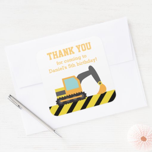 Orange Excavator Construction Kids Party Birthday Square Sticker | Zazzle