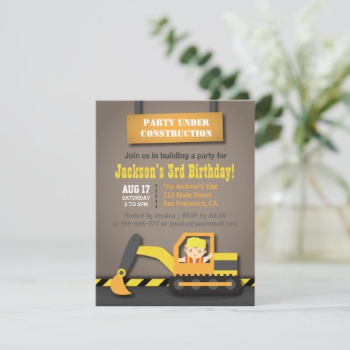 Orange Excavator Construction Theme Birthday Party Invitation | Zazzle
