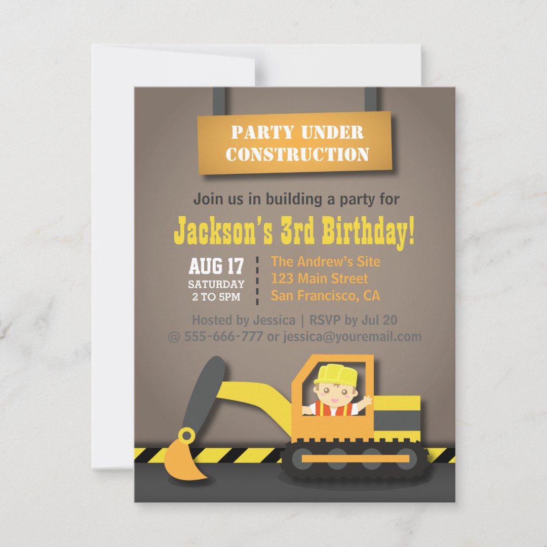 Orange Excavator Construction Theme Birthday Party Invitation | Zazzle