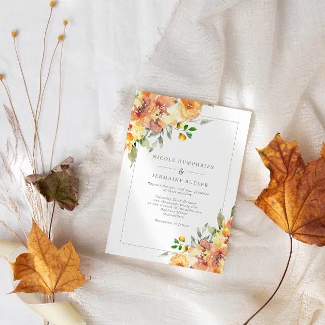 Orange Fall Flowers Border Wedding Invitation | Zazzle
