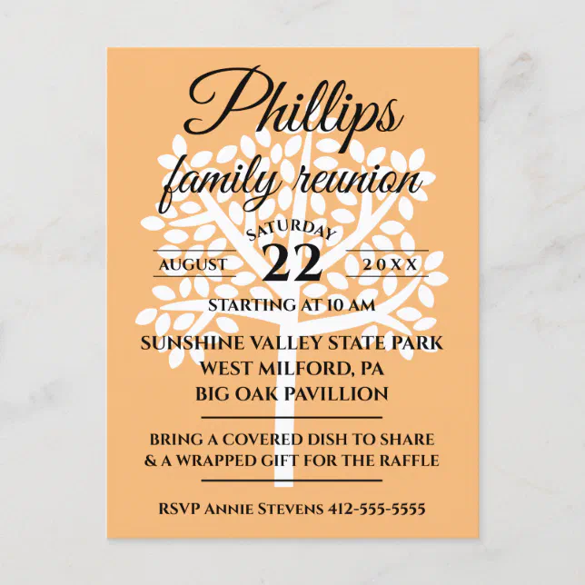 Orange Family Reunion With White Tree Invitation Postcard | Zazzle