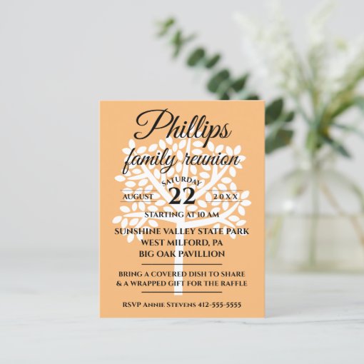 Orange Family Reunion With White Tree Invitation Postcard | Zazzle