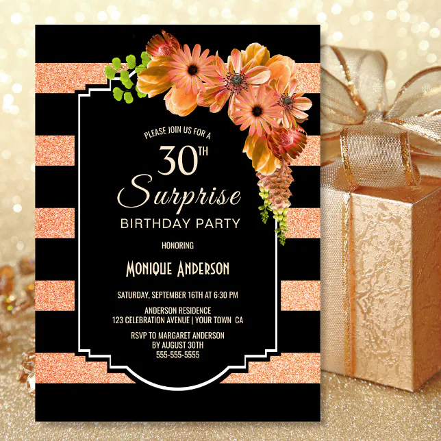Orange Floral Black Stripe Surprise 30th Birthday Invitation | Zazzle