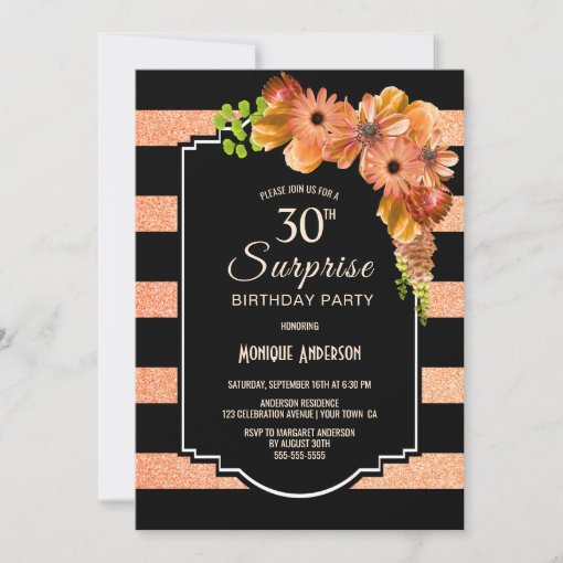 Orange Floral Black Stripe Surprise 30th Birthday Invitation | Zazzle
