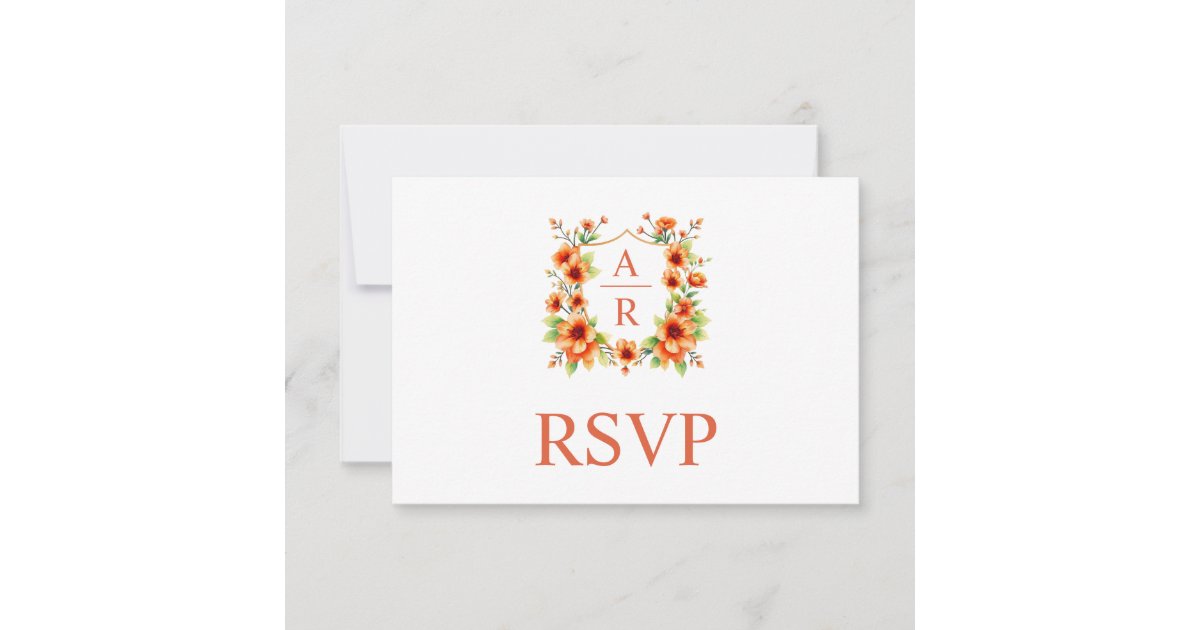 Orange flower crest and QR code floral wedding RSVP Card | Zazzle