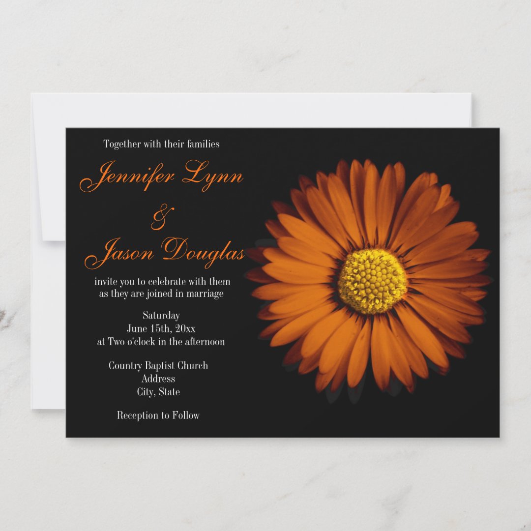 Orange Gerber Daisy Black Wedding Invitations | Zazzle