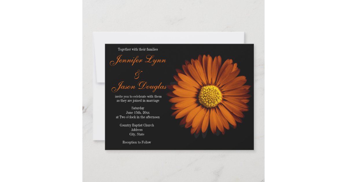 Orange Gerber Daisy Black Wedding Invitations | Zazzle