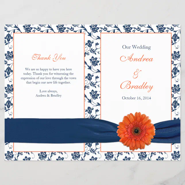 Orange Gerber Daisy Navy Damask Wedding Program | Zazzle