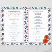 Orange Gerber Daisy Navy Damask Wedding Program | Zazzle