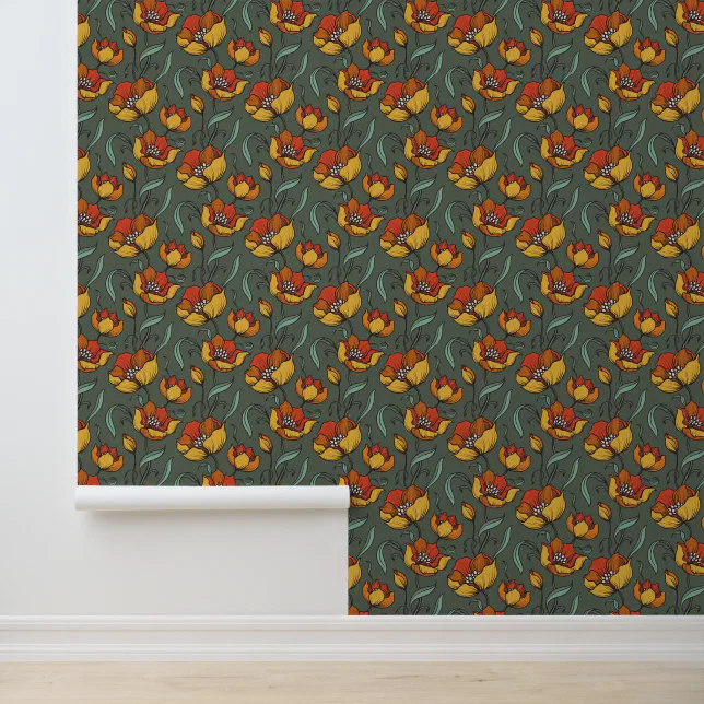 Orange Gold Green Retro Floral Pattern Wallpaper | Zazzle