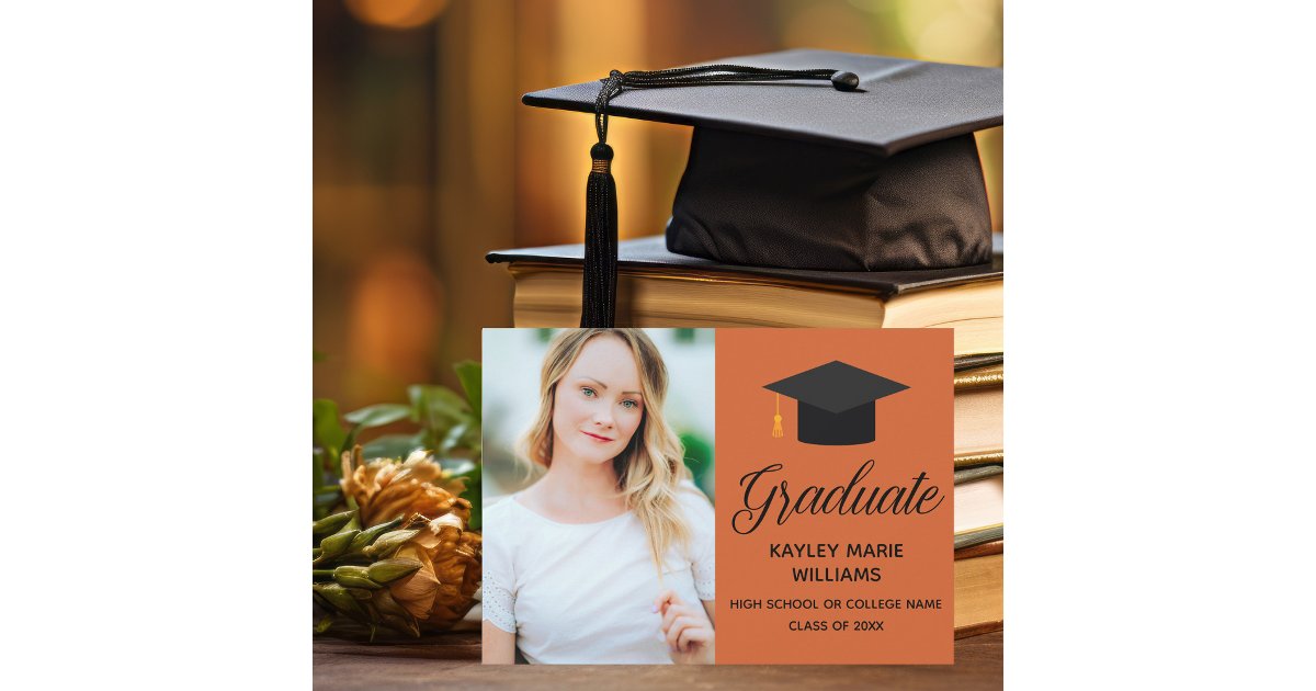 Orange Graduate Photo Black Script Graduation Announcement | Zazzle