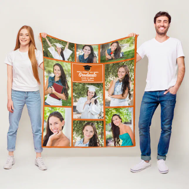 Orange Graduate Photo Collage Custom Graduation Fleece Blanket | Zazzle