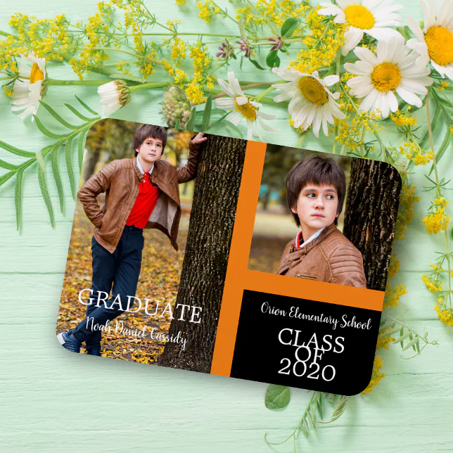 Orange Graduate Simple Two Photos Graduation Magnet | Zazzle