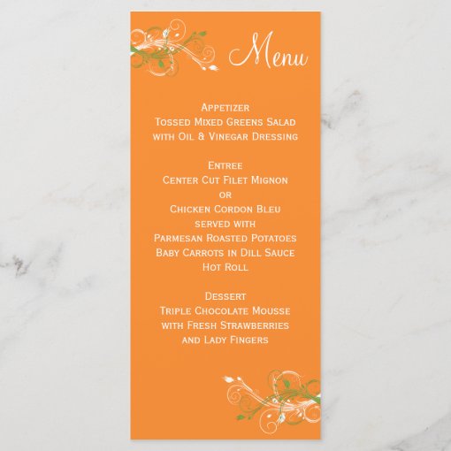 Orange, Green, and White Floral Menu Card | Zazzle