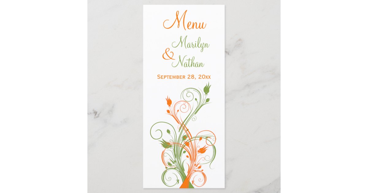Orange, Green, and White Floral Menu Card | Zazzle