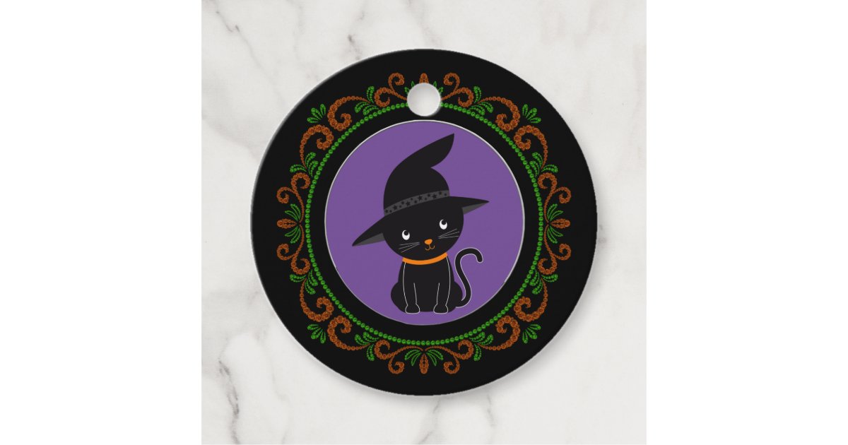 Orange Green Black Cat With A Witch Hat Halloween Favor Tags | Zazzle