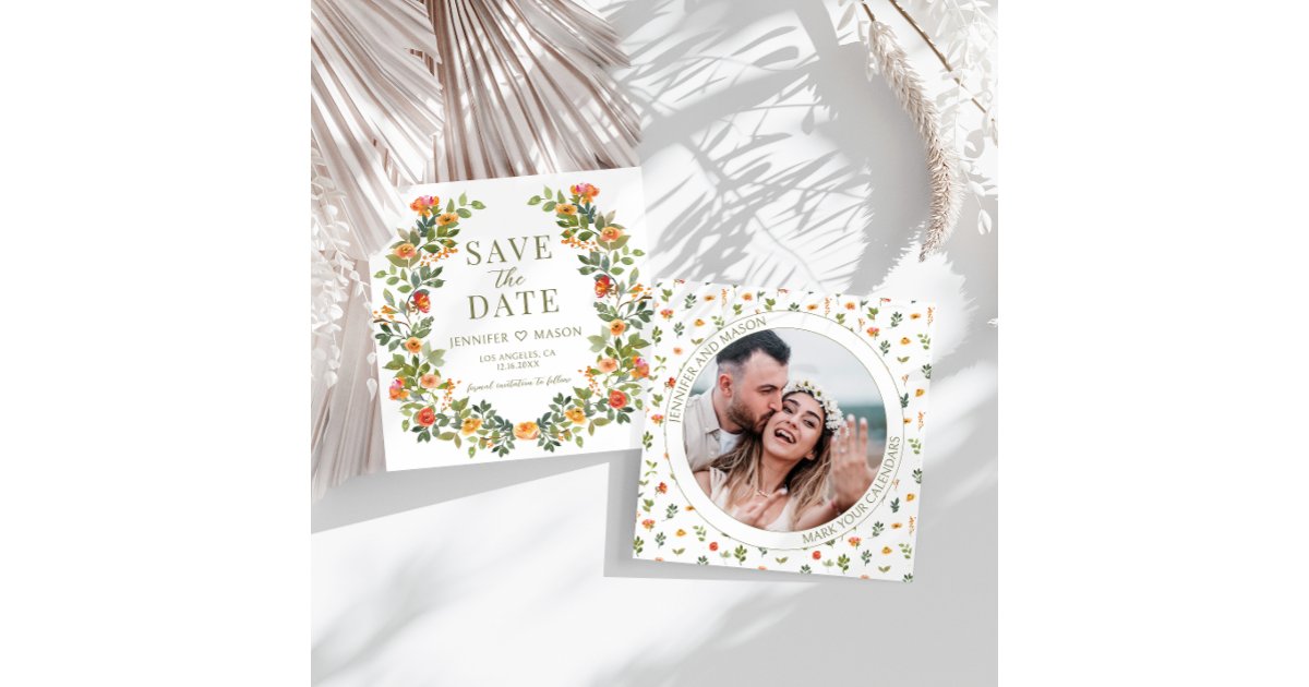 Orange green floral Save the Date photo invitation | Zazzle
