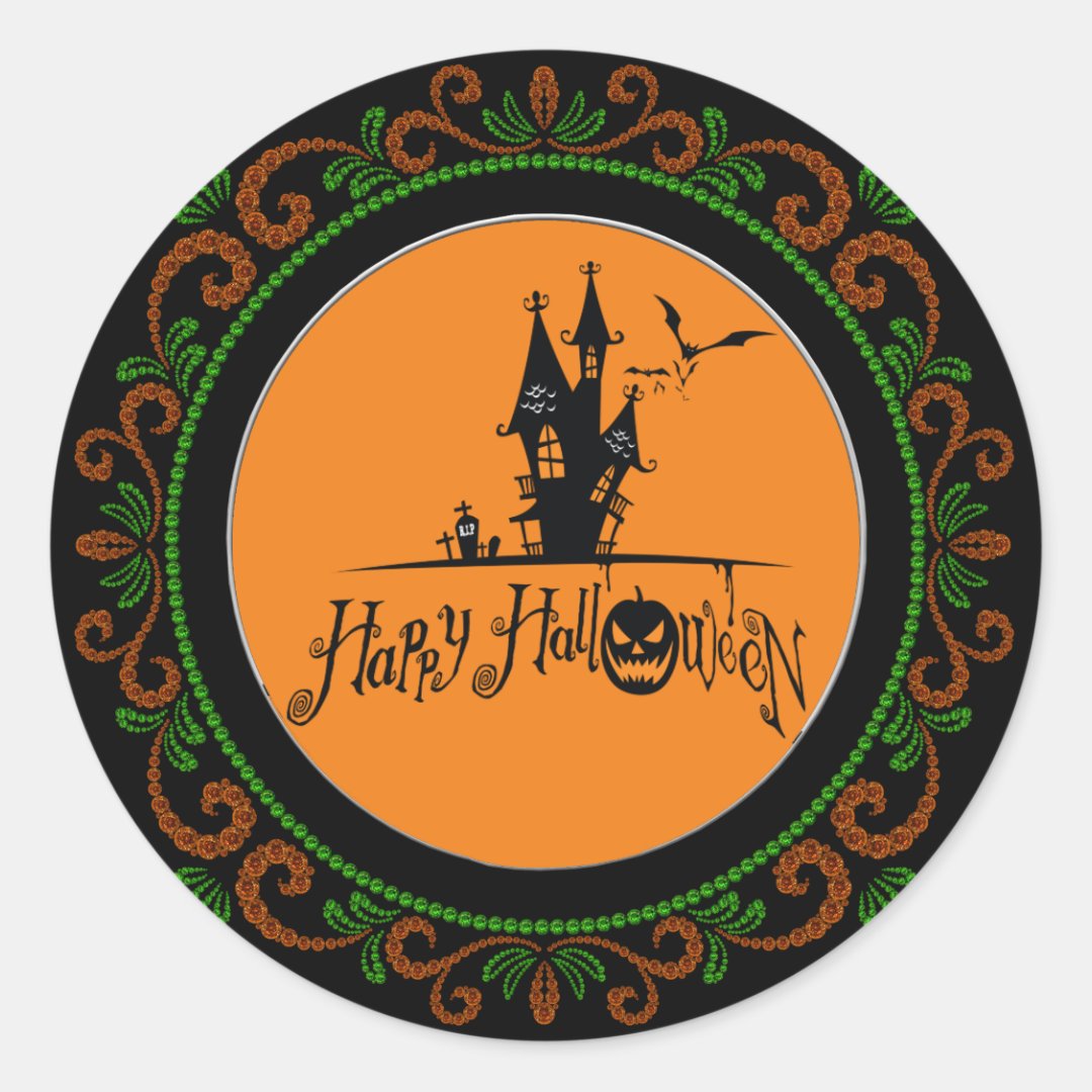 Orange Green Happy Halloween Haunted House Classic Round Sticker | Zazzle