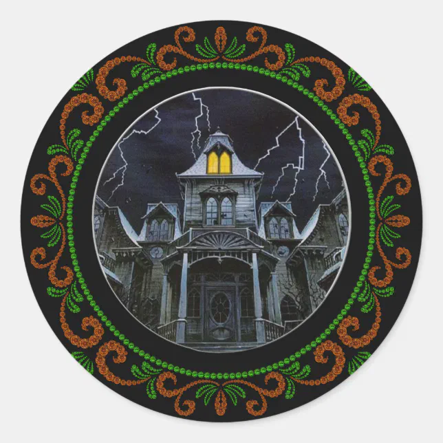 Orange Green Haunted House Halloween Classic Round Sticker | Zazzle