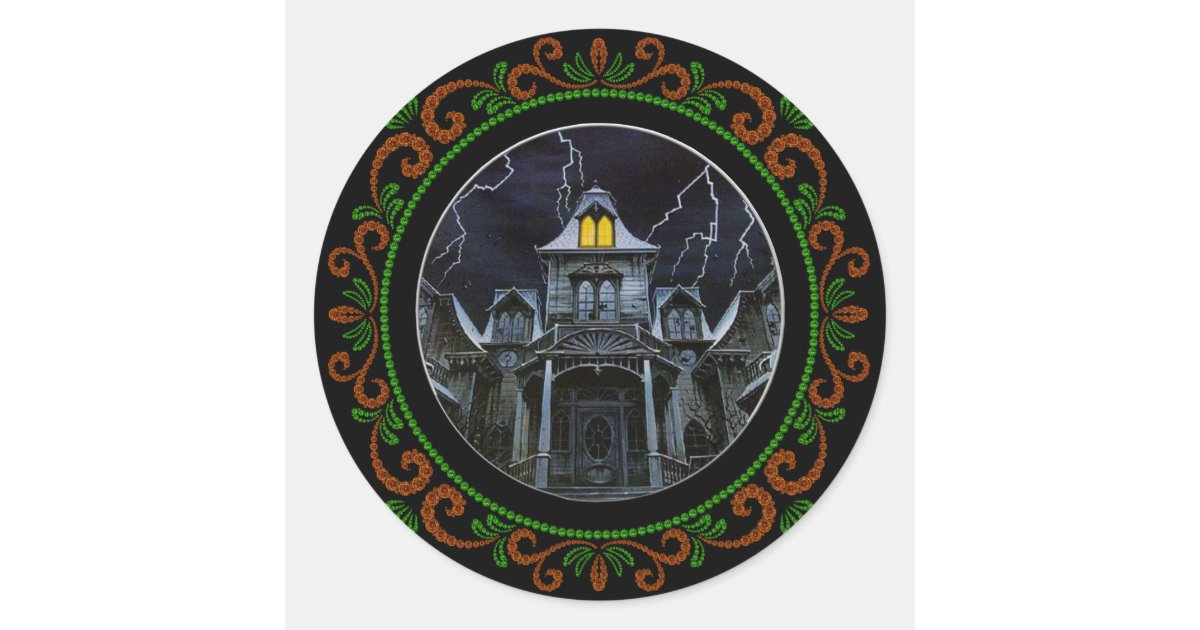 Orange Green Haunted House Halloween Classic Round Sticker | Zazzle