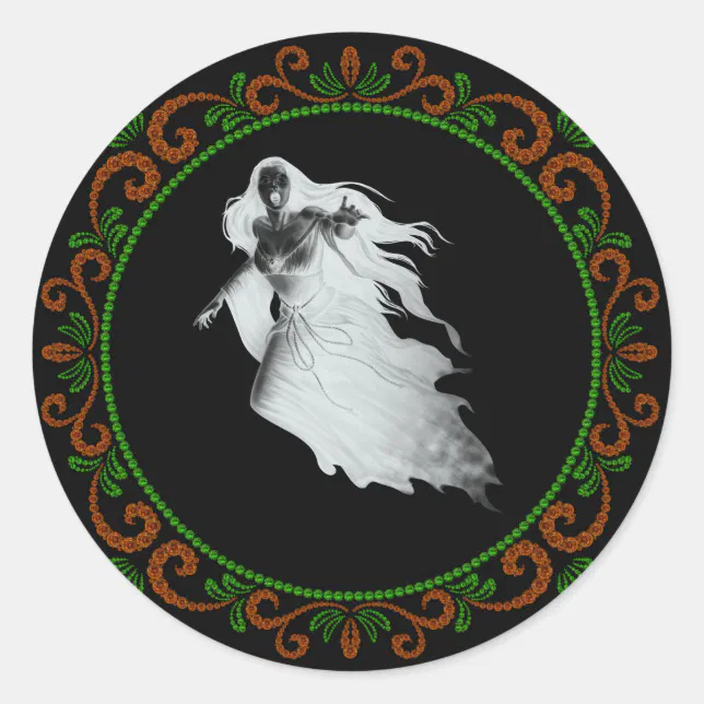 Orange Green Lady In White Ghost Halloween Classic Round Sticker | Zazzle