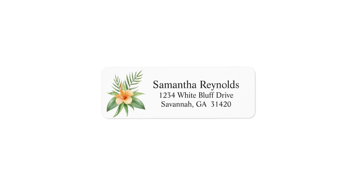 Orange Hibiscus and Palm Frond Tropical Floral Label | Zazzle