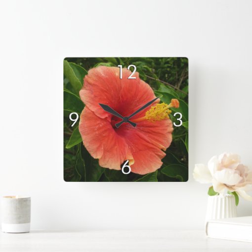 Orange Hibiscus Flower Tropical Floral Square Wall Clock | Zazzle