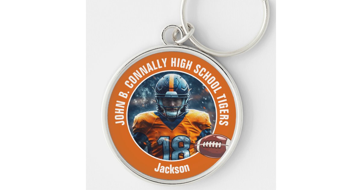 Orange High School Football Player Photo Keychain | Zazzle