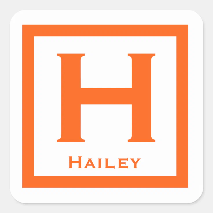 Orange Initial Name Kids Girl Party Back to School Square Sticker | Zazzle