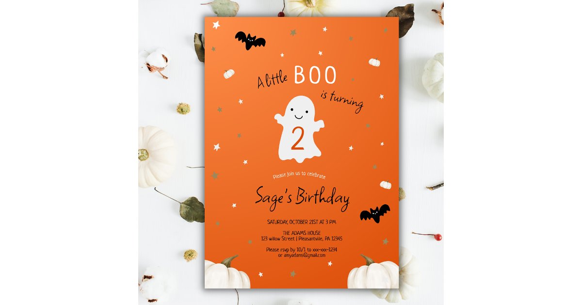 Orange Little Boo Halloween Birthday Invitation | Zazzle