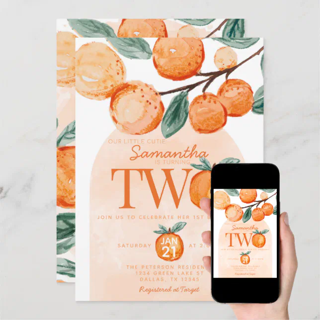 Orange Little Cutie turning TWO 2nd Birthday Party Invitation | Zazzle