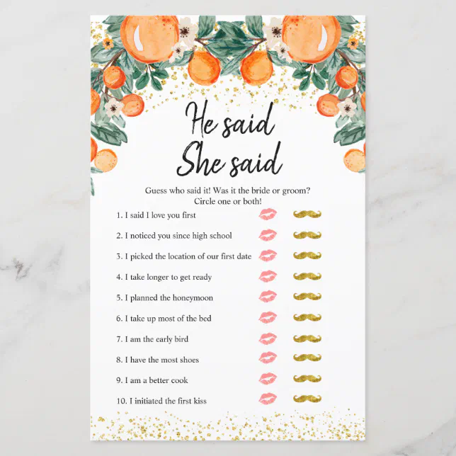 Orange main squeeze he said she said games card | Zazzle