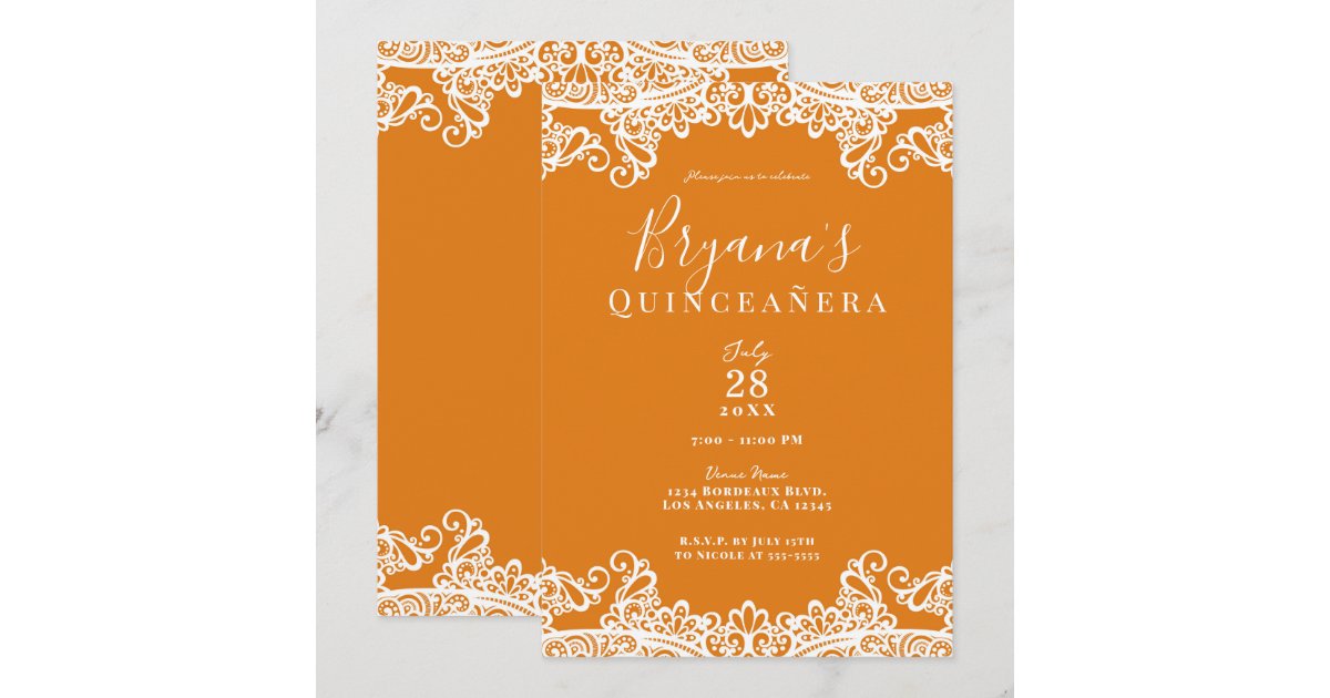 Orange Mango & White Lace Elegant Quinceañera Invitation | Zazzle