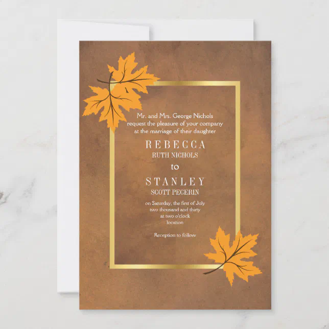 Orange maple leaves on brown stained paper wedding invitation | Zazzle