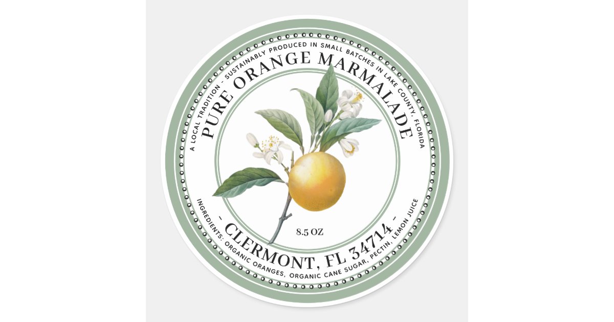 Orange Marmalade Vintage Illustration 1930s Green Classic Round Sticker ...