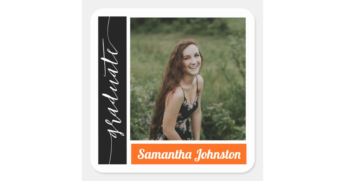 Orange Modern Block Photo Graduation Square Sticker | Zazzle