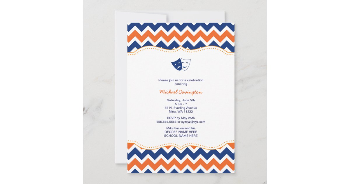 Orange Navy Drama School Graduation Invitation | Zazzle