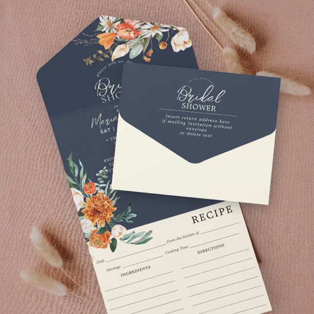 Orange & Navy Floral Bridal Shower & Recipe All In One Invitation | Zazzle