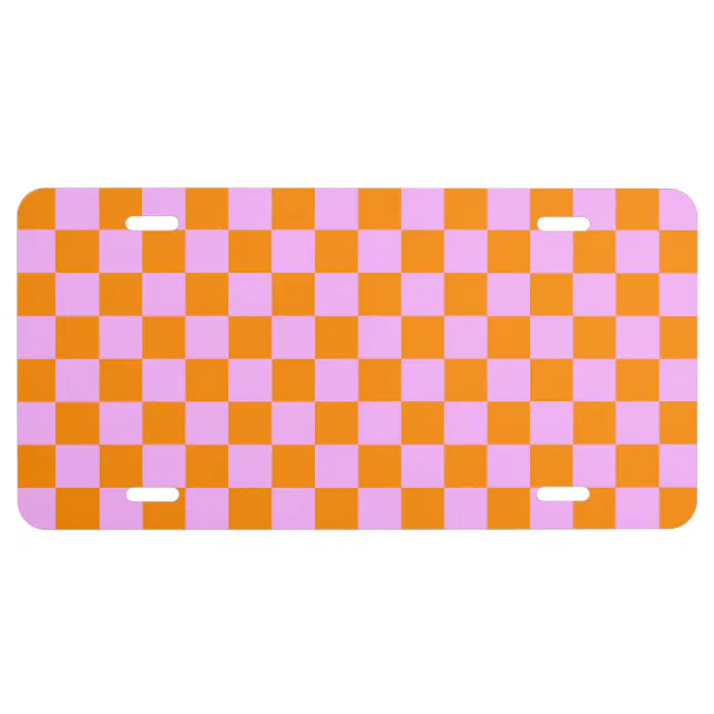 Orange + Pink Check Checkered Checkerboard Pattern License Plate | Zazzle