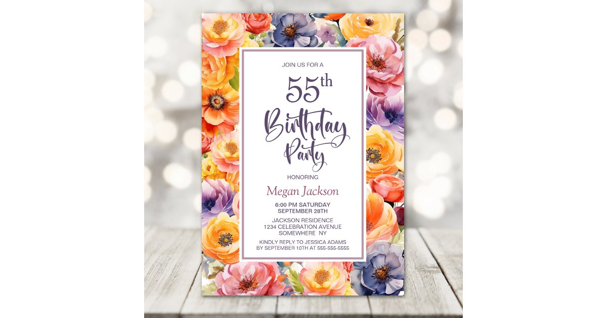 Orange Pink Floral 55th Birthday Party Invitation | Zazzle
