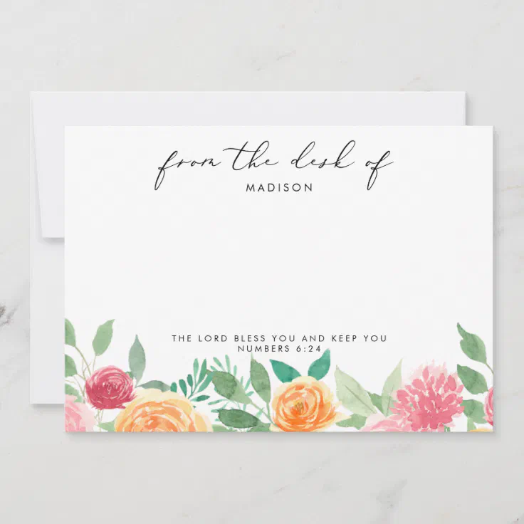 Orange & Pink Floral Personalized Scripture Note Card | Zazzle