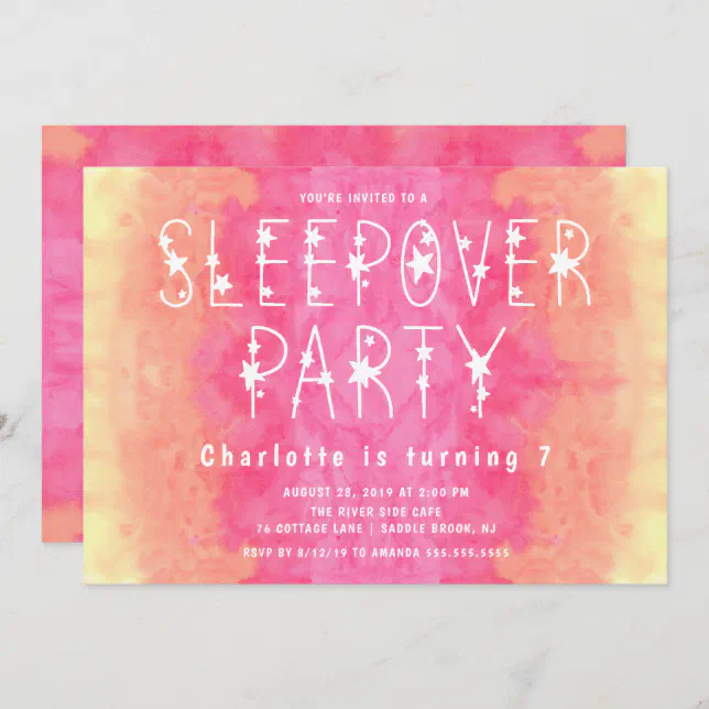 Orange Pink Watercolor Starry Girls Sleepover Invitation | Zazzle