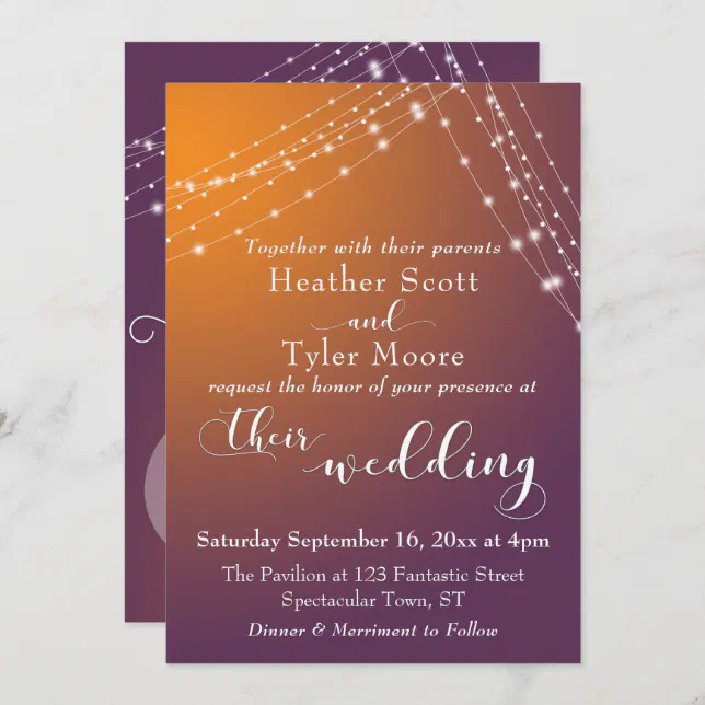 Orange Plum Ombre & Light Strings Wedding Invitation | Zazzle