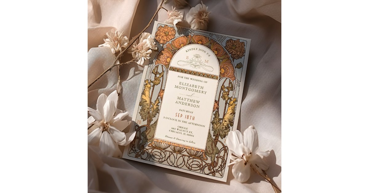 Orange Poppy Wedding Invitations Art Nouveau Mucha | Zazzle