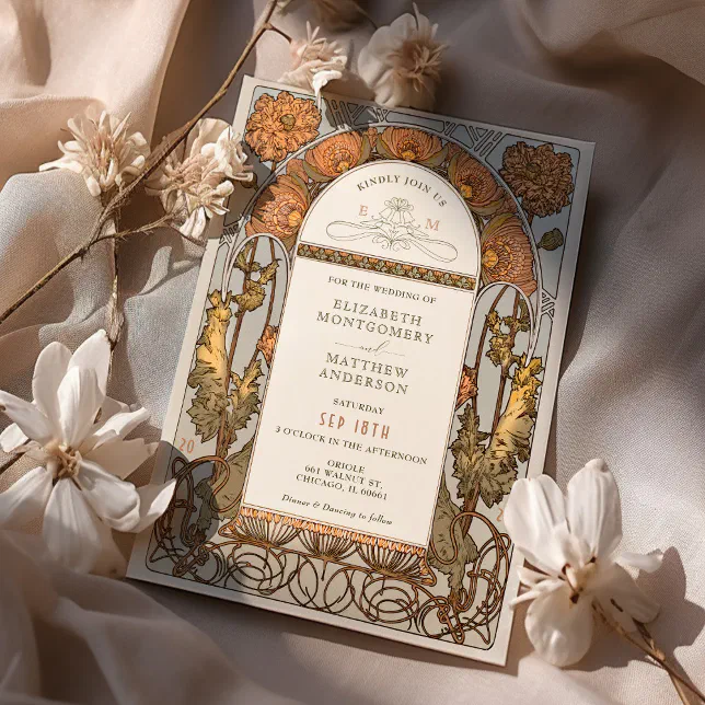 Orange Poppy Wedding Invitations Art Nouveau Mucha | Zazzle