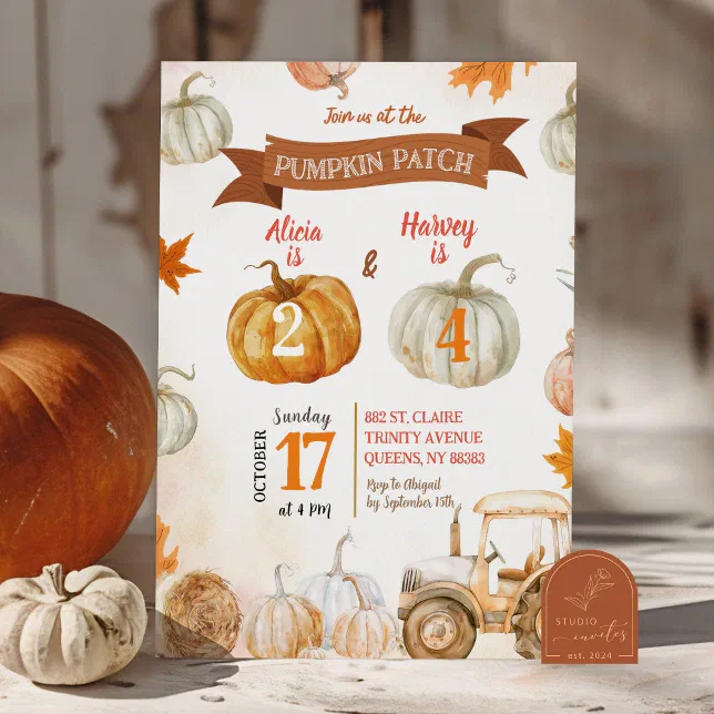 Orange Pumpkin Patch Tractor Joint Birthday Invitation | Zazzle