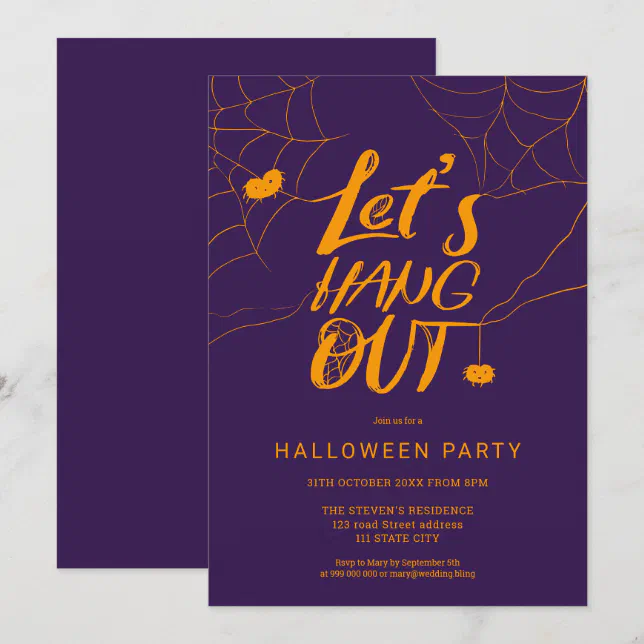 Orange purple Halloween spider hang out script Invitation | Zazzle