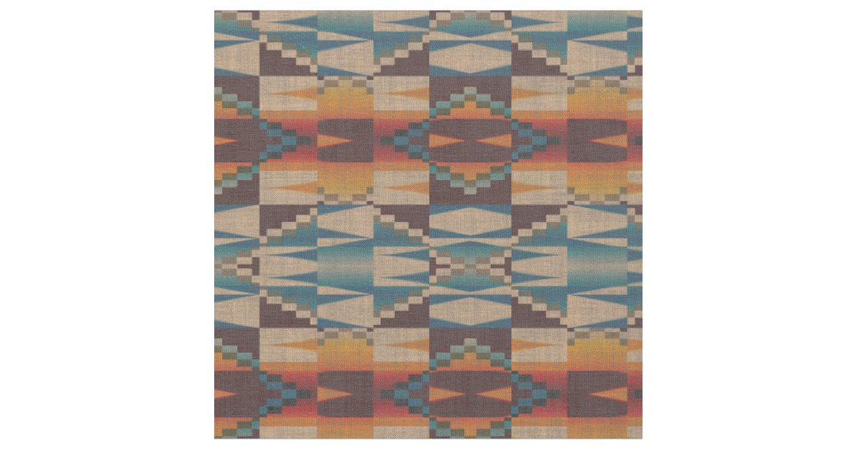 Orange Red Teal Blue Brown Aztec Mosaic Pattern Fabric | Zazzle